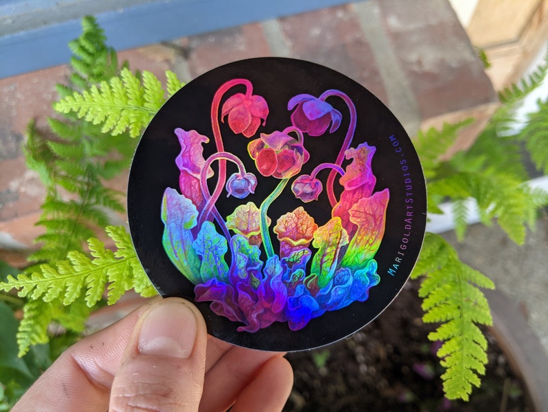 Holographic Pitcher Plant Sticker, 3" Circle Vinyl Decal, Art Nouveau ...