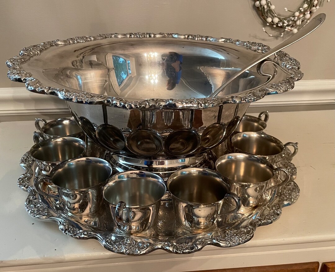 Vintage Towle Silver Plate Punch Bowl Set With Under Tray and Twelve ...