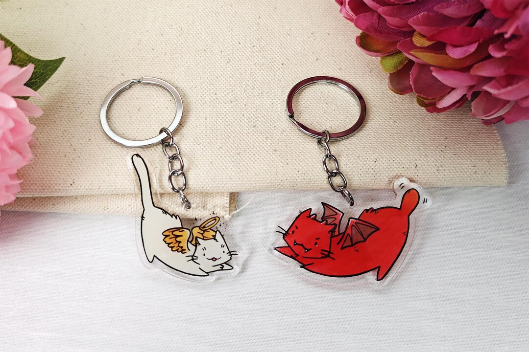 Angel Devil Cat Keychain, White Cat Keychain, Bad Cat Keychain, Cat ...