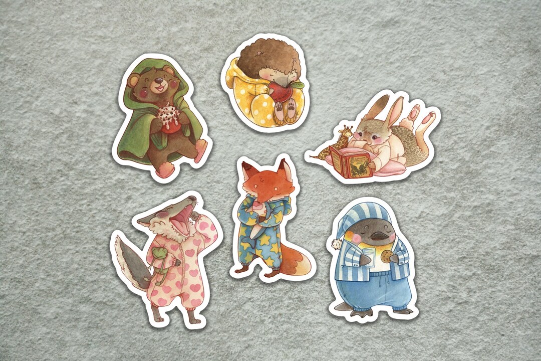 Pajama Party Sticker Pack, Cute Animal Stickers, Onesie, Hot Chocolate ...