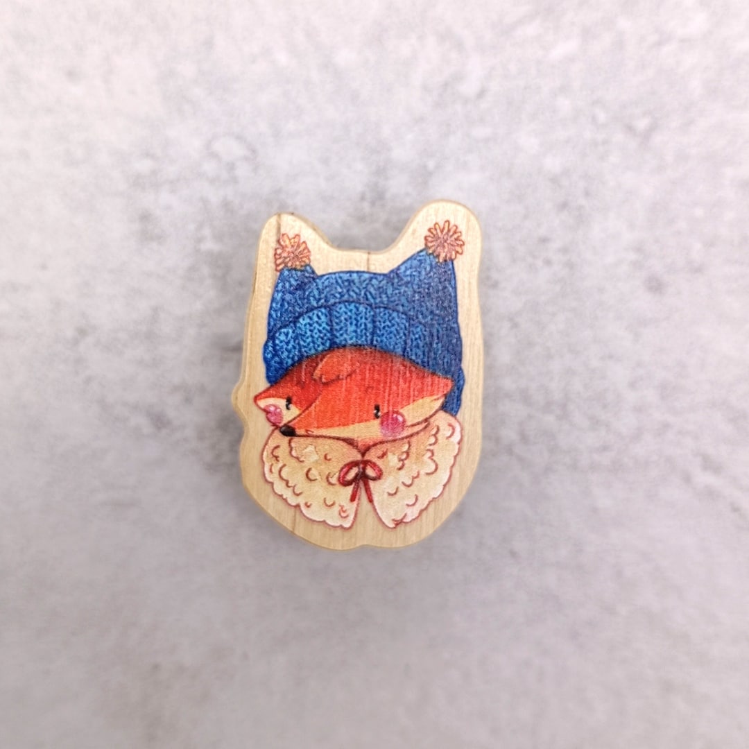 Winter Fox Pin, Red Fox Wooden Pin, Cute Fox Lapel Pin, Chibi Fox, Knit ...