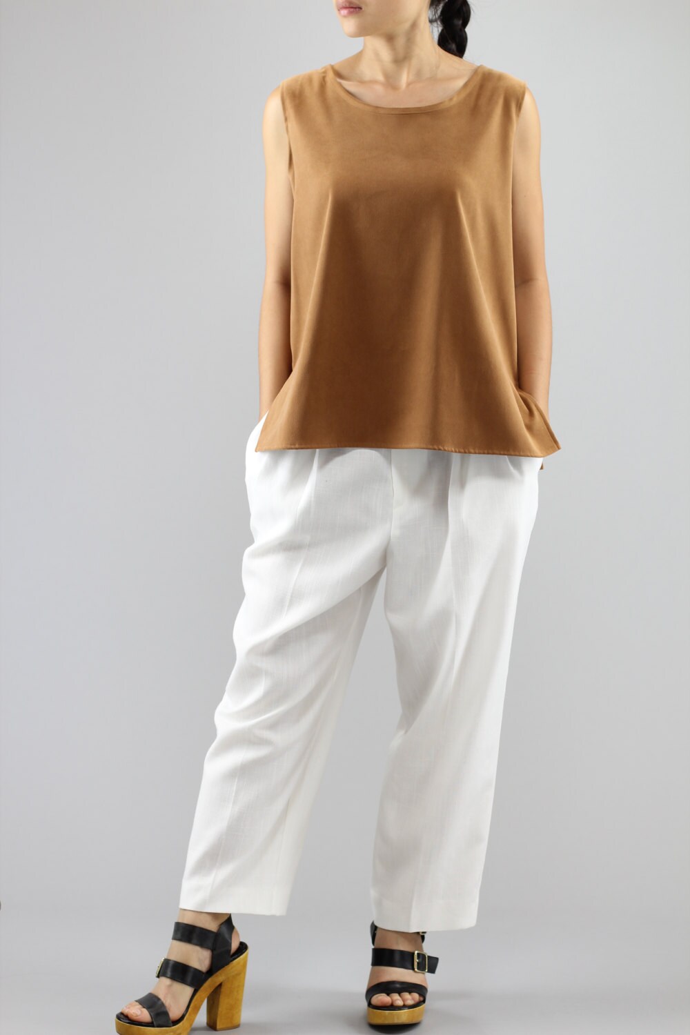 Minimalist Sleeveless Tan Crop Top Solid Color Simple Faux - Etsy