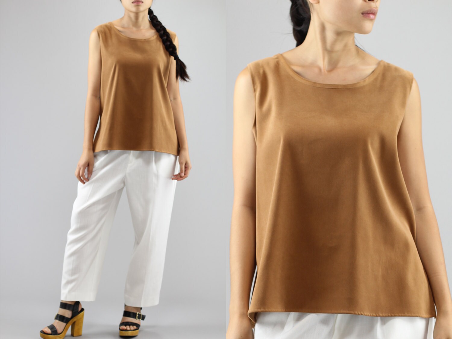Minimalist Sleeveless Tan Crop Top Solid Color Simple Faux - Etsy