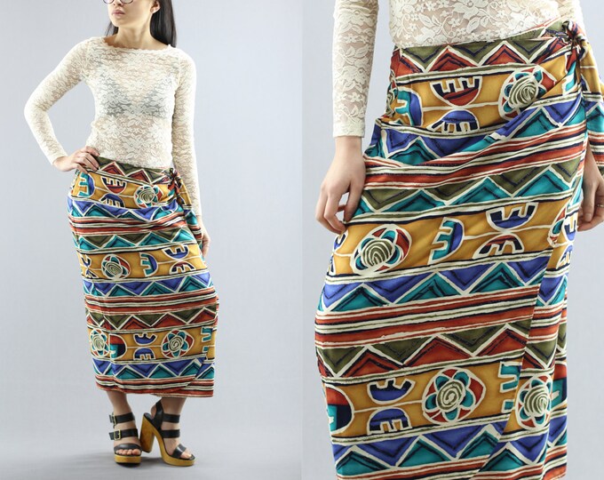 Bright African Print Wrap Midi / Maxi Skirt Made in USA by Synari Size ...