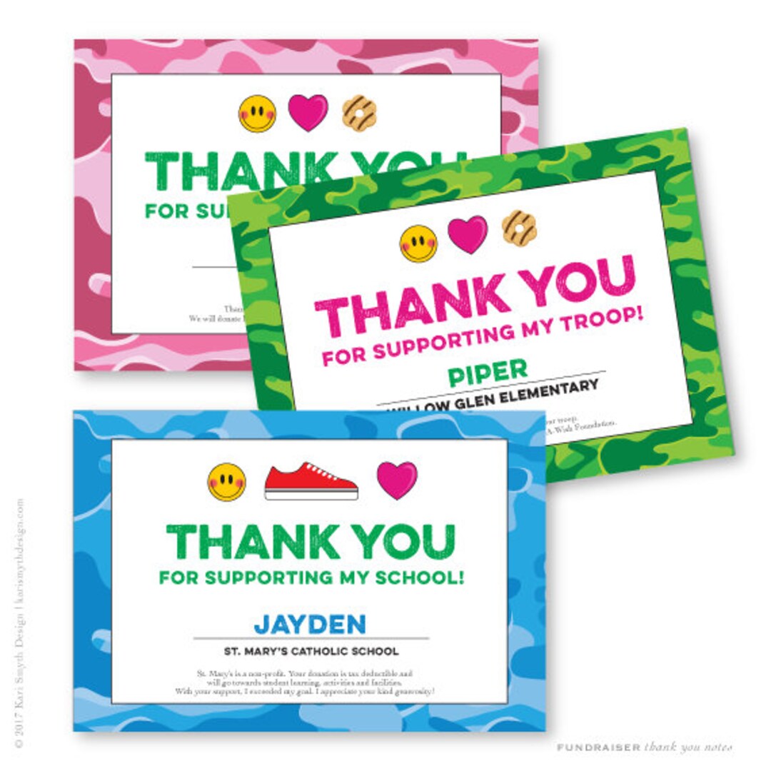 Fundraiser Camo and Emoji Thank You Notecards: Personalized & Printable ...