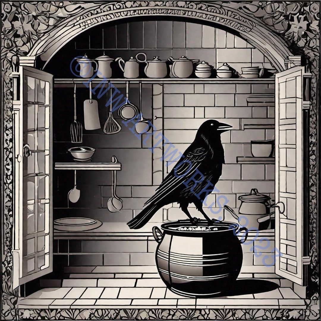 Crow and Cauldron Black & White Vintage Style Wall Art , Raven, Instant ...