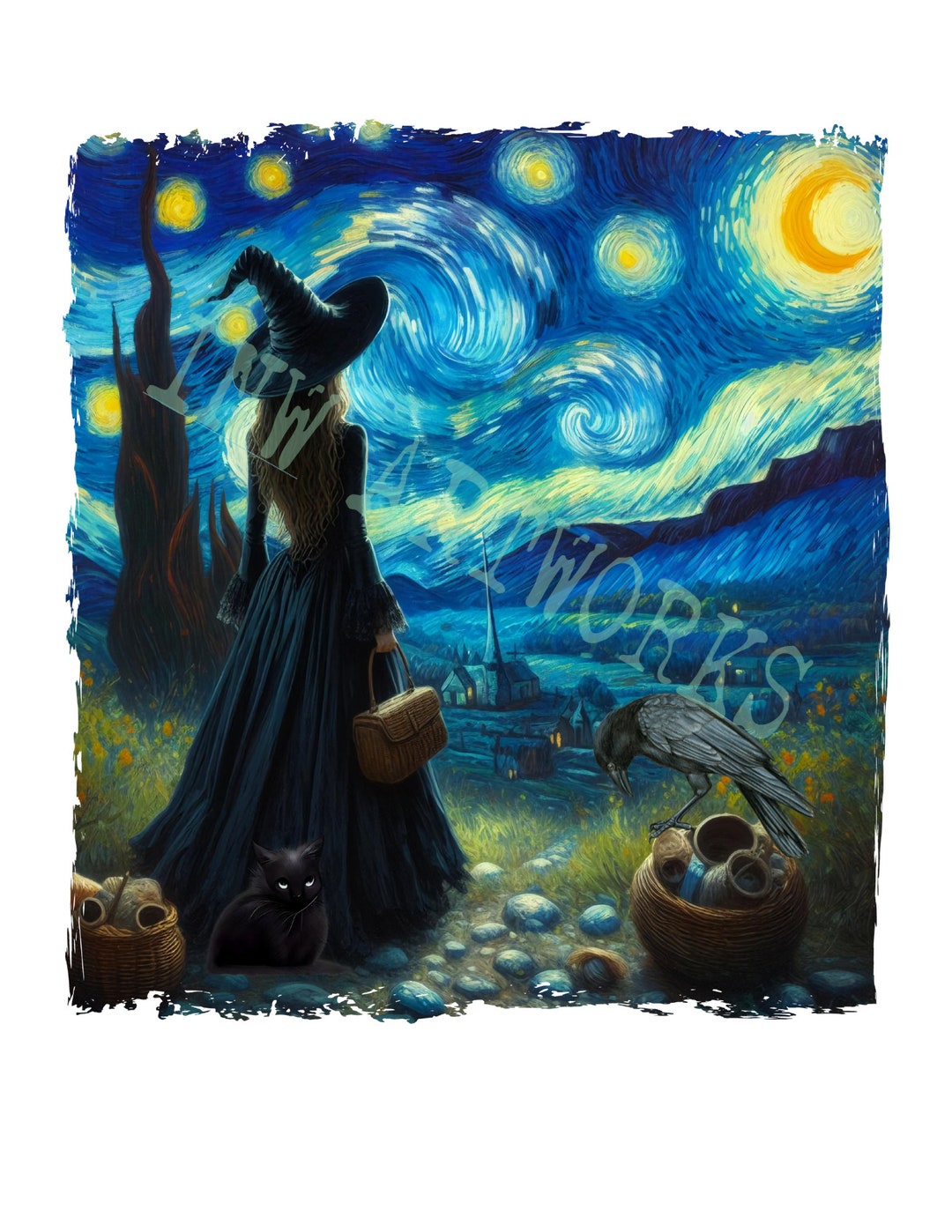 STARRY NIGHT Witch With Cat, Familiar, RAVEN, Fall, Halloween ...