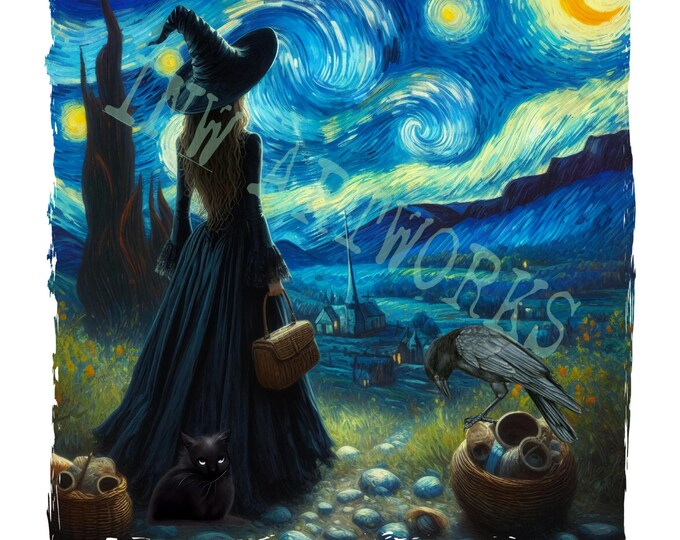 STARRY NIGHT Witch With Cat, Familiar, RAVEN, Fall, Halloween ...