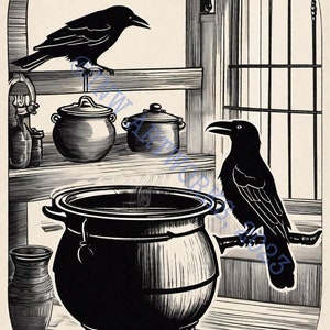 Crow and Cauldron Black & White Vintage Style Wall Art , Raven, Instant ...