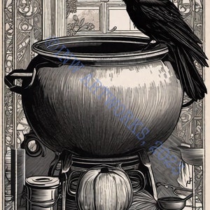 Crow and Cauldron Black & White Vintage Style Wall Art , Raven, Instant ...