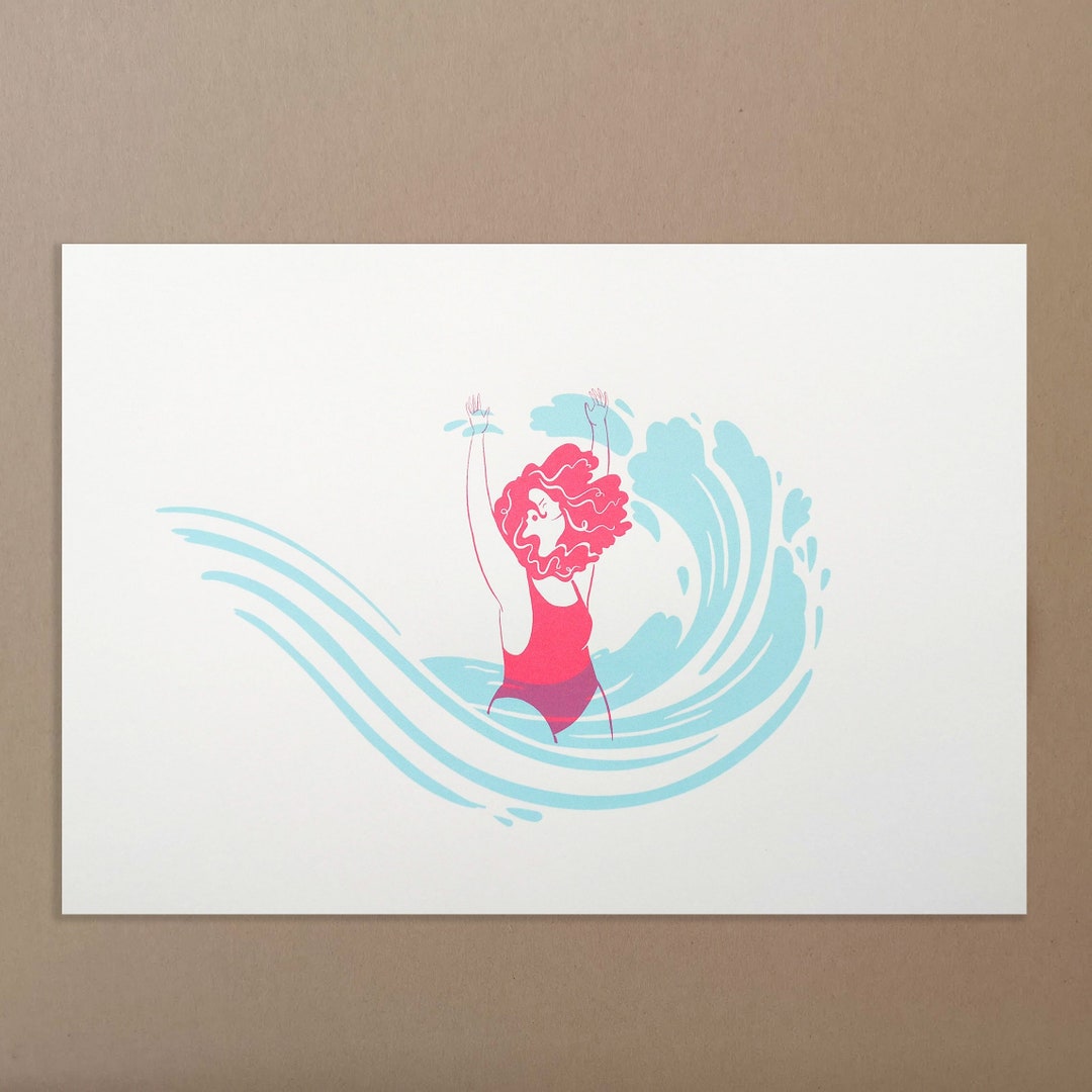 Woman in the Waves, Two Colour A4 Screen Print | Wild Swimming Print ...