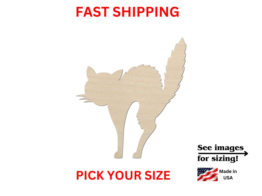 Unfinished Wooden Cat Shape | Scared Cat Wood Cutout Shape | Laser Cut ...