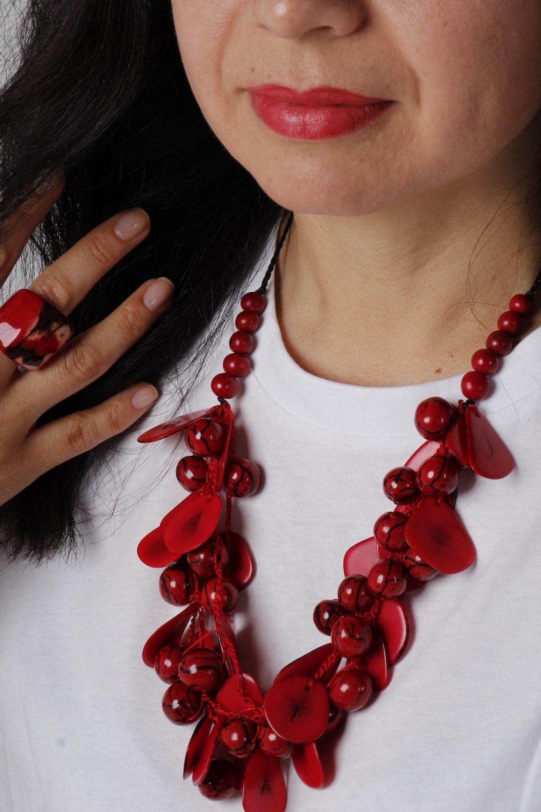 Red Chunky Necklace, Tagua Nut Necklace, Vegetable Ivory Necklace, Red ...