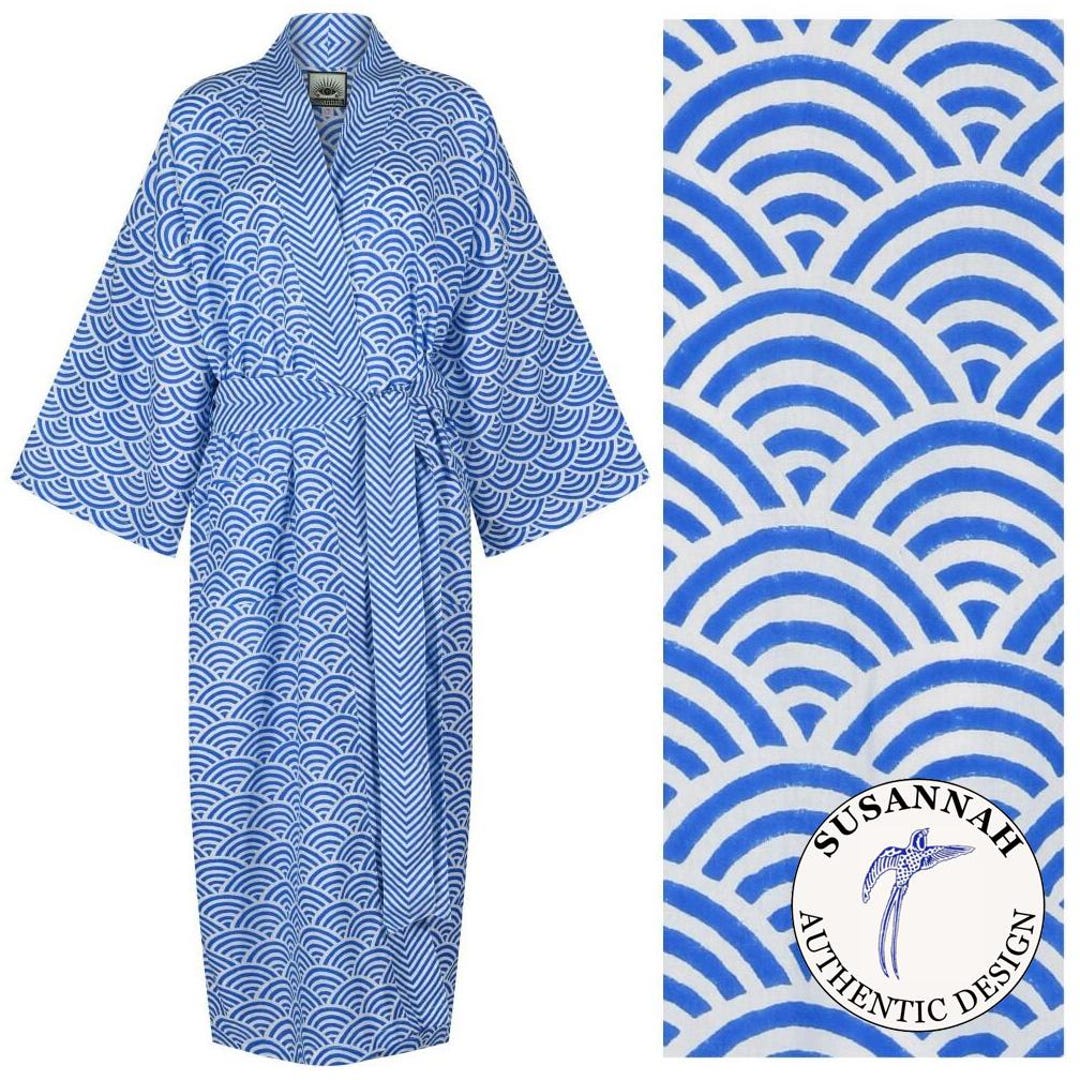 Susannah Cotton Hand Printed Kimono Robe: Blue Rainbow Loungewear - Etsy