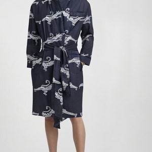 Men's Cotton Dressing Gown Lightweight Robe Blue Cream & Grey Tigers ...