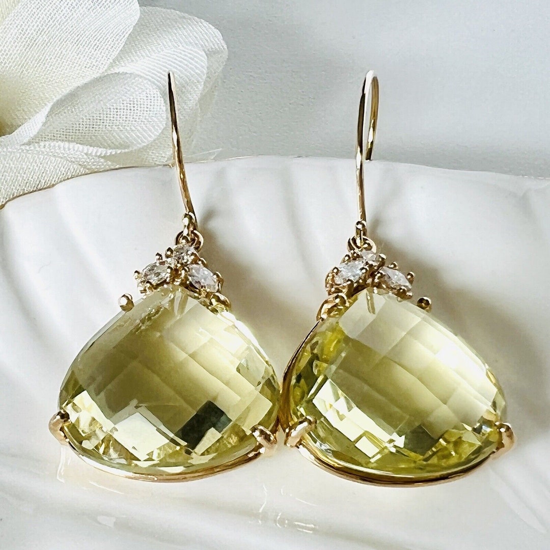 Solid 14K Yellow Gold Genuine Lemon Citrine 27ct & Diamond - Etsy