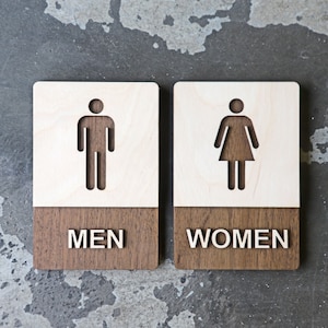 Recessed Wood Restroom Sign Set - Modern Bathroom - 6"x9" Size - 9 Wood ...