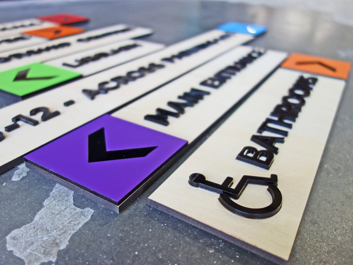 Colorful Wayfinding Directional Arrow Wood Signs - Custom Raised Text ...