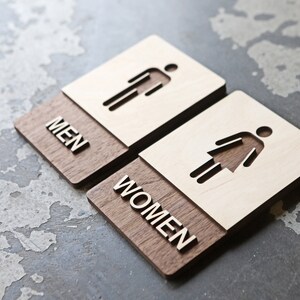 Recessed Wood Restroom Sign Set - Modern Bathroom - 6"x9" Size - 9 Wood ...