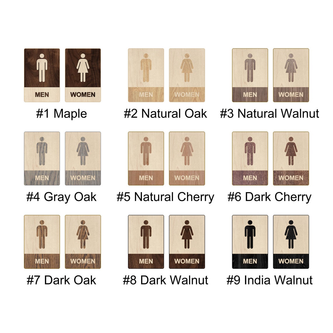 Recessed Wood Restroom Sign Set - Modern Bathroom - 6"x9" Size - 9 Wood ...