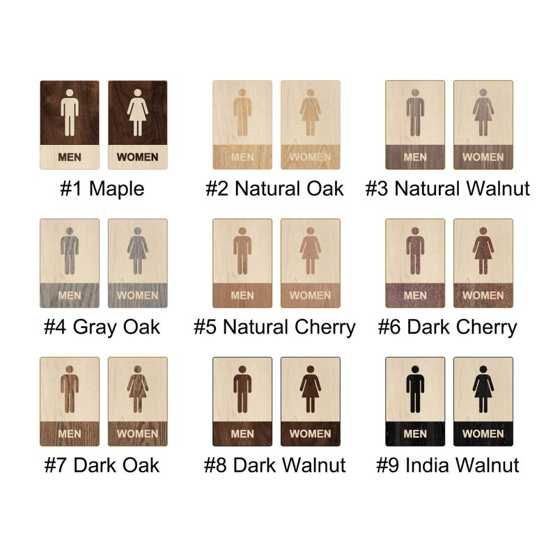 Recessed Wood Restroom Sign Set - Modern Bathroom - 6"x9" Size - 9 Wood ...