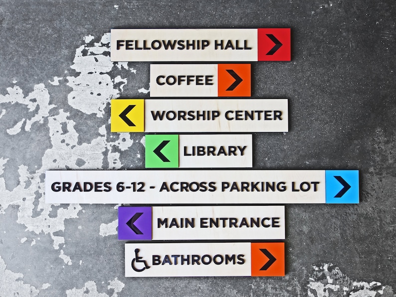 Colorful Wayfinding Directional Arrow Wood Signs - Custom Raised Text ...