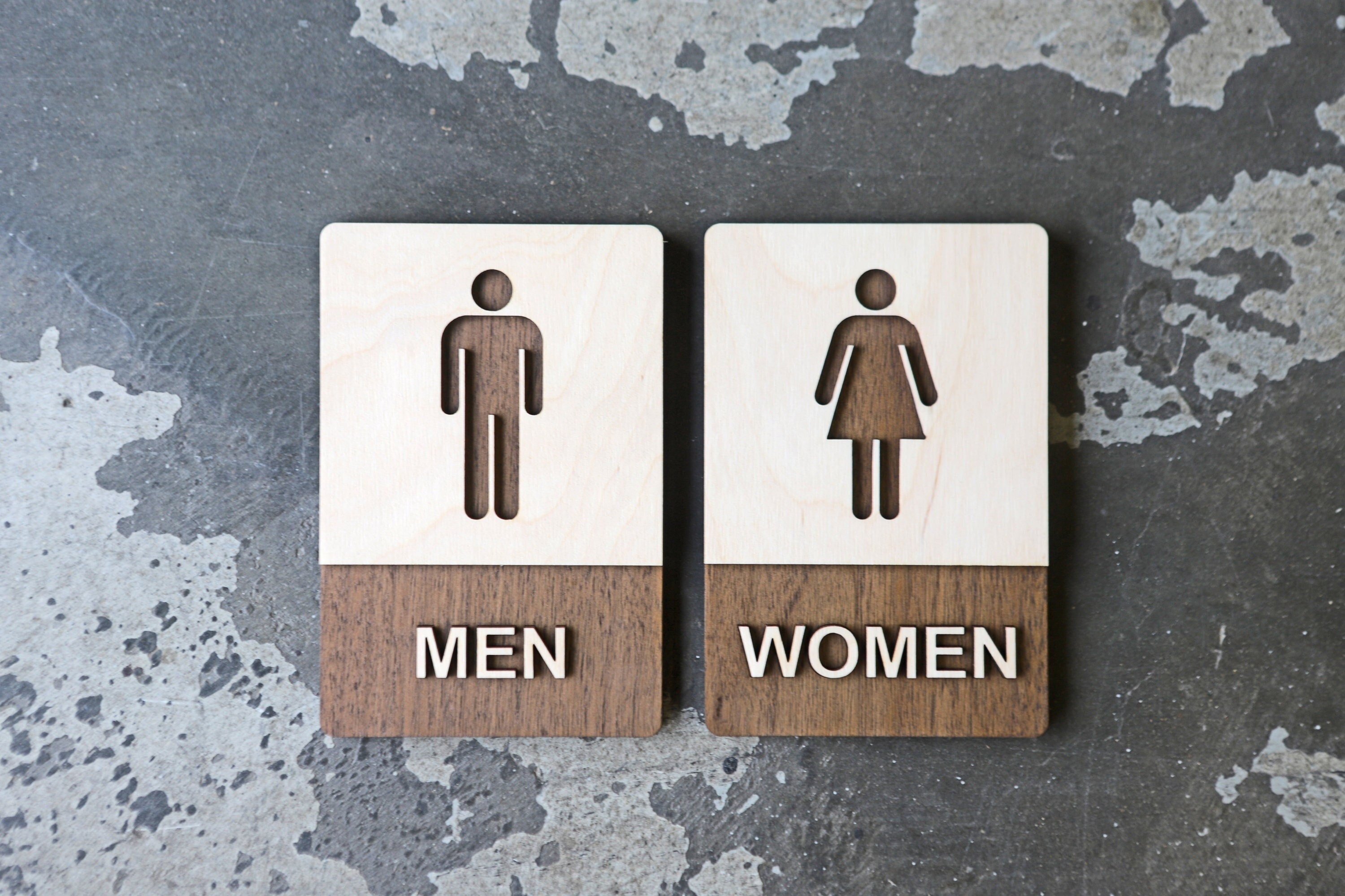 Recessed Wood Restroom Sign Set - Modern Bathroom - 6"x9" Size - 9 Wood ...