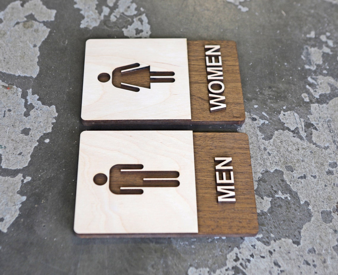 Recessed Wood Restroom Sign Set - Modern Bathroom - 6"x9" Size - 9 Wood ...