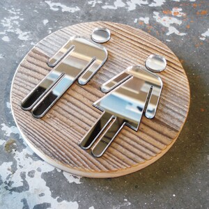 Reclaimed Wood Mirror Unisex Sign - Round WC Restroom Bathroom Signage ...