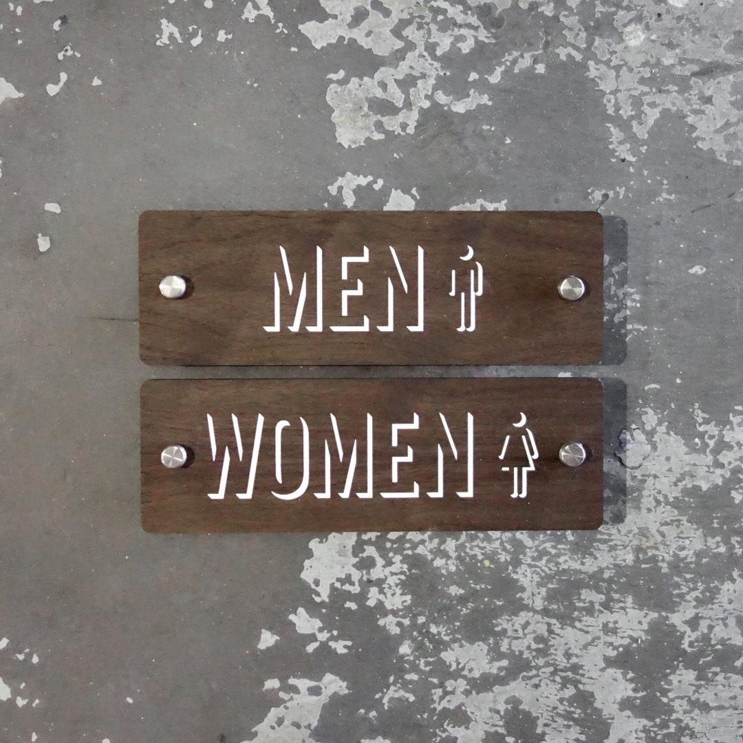Shadow Text Wood Restroom Signs - 2 Signs - Mens and Womens Bathroom ...