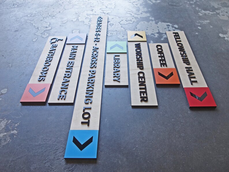 Colorful Wayfinding Directional Arrow Wood Signs - Custom Raised Text ...