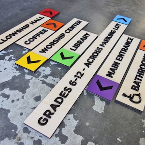 Colorful Wayfinding Directional Arrow Wood Signs - Custom Raised Text ...