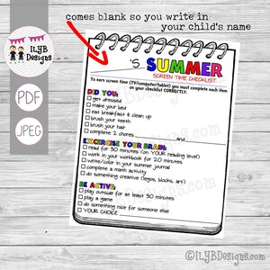 Summer Screen Time Checklist Printable PDF, JPEG Printable Files ...