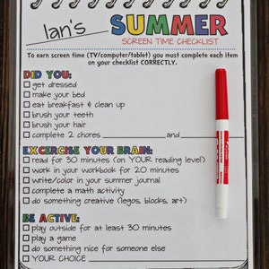 Summer Screen Time Checklist Printable PDF, JPEG Printable Files ...
