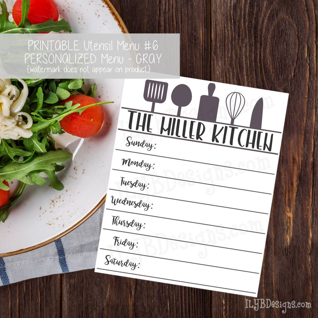 PERSONALIZED Menu Board Gray PRINTABLE Family Menu Planner Printable ...