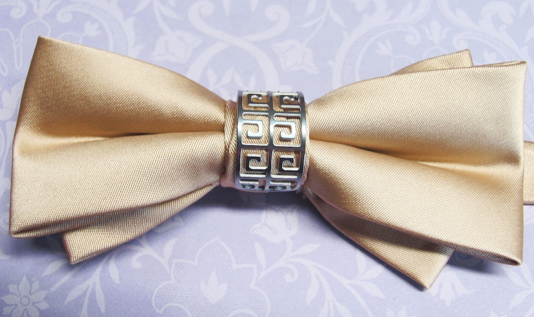 Mens Navy Champagne Gold With Gold or Silver Metal Knot Covers 2 Tiered Tear Drop Bow Tie With ...
