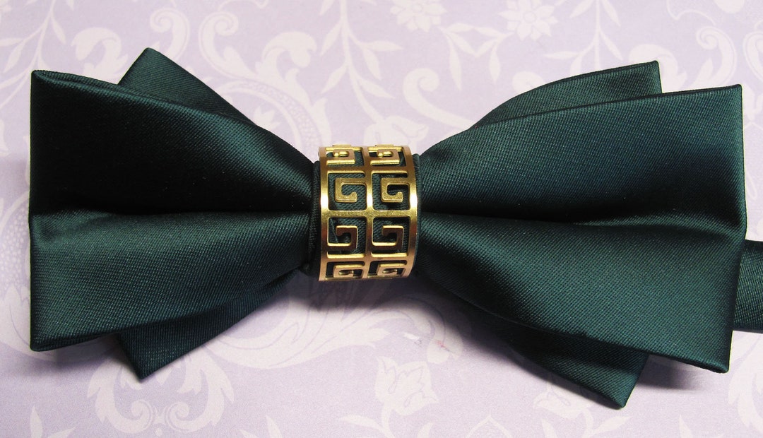 Mens Navy Forest Green With Gold or Silver Metal Knot Covers 2 Tiered Tear Drop Bow Tie With ...