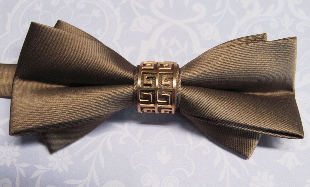 Mens Mocha Coco Brown With Gold or Silver Metal Knot Covers 2 Tiered Tear Drop Bow Tie With ...