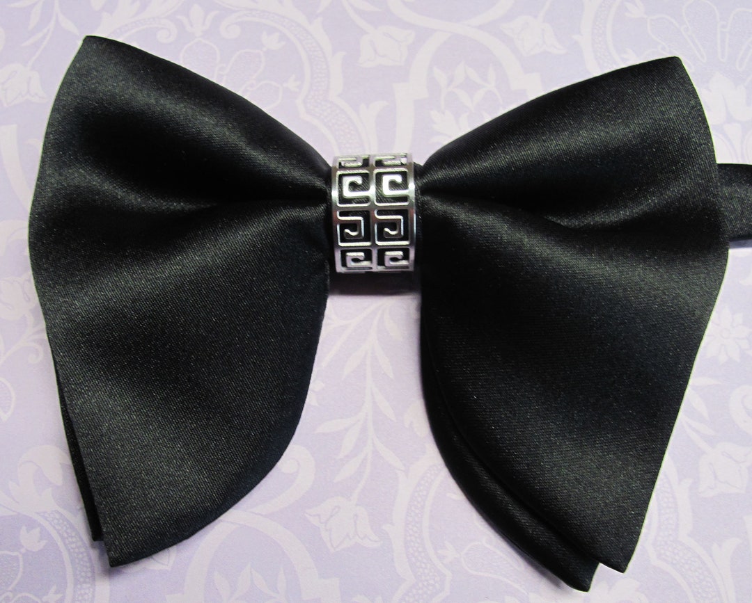 Mens Classic Deep Black With Gold or Silver Knot Cover 2 Tiered Tear Drop Bow Tie With Custom ...