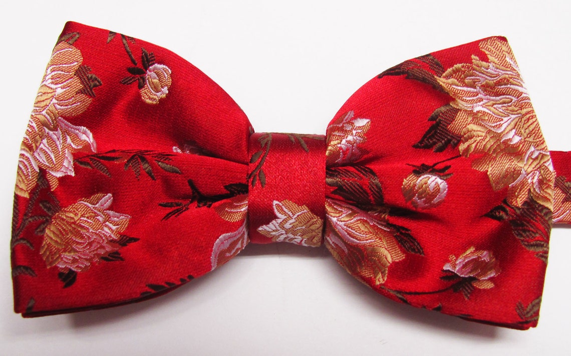 Red With A Gold Floral Bow Tie with Free Pocket Square - Etsy