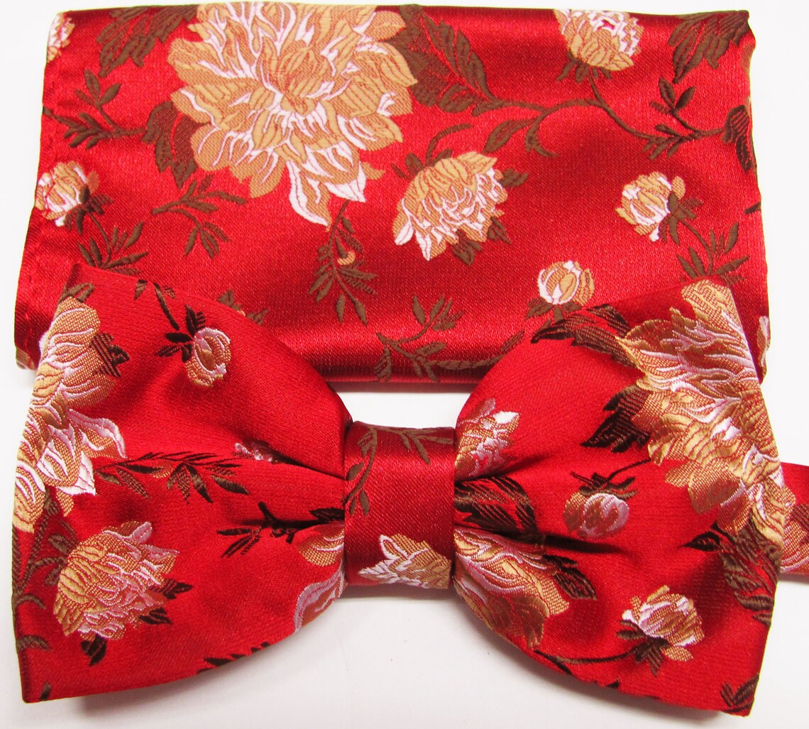 Red With A Gold Floral Bow Tie With Free Pocket Square | Etsy