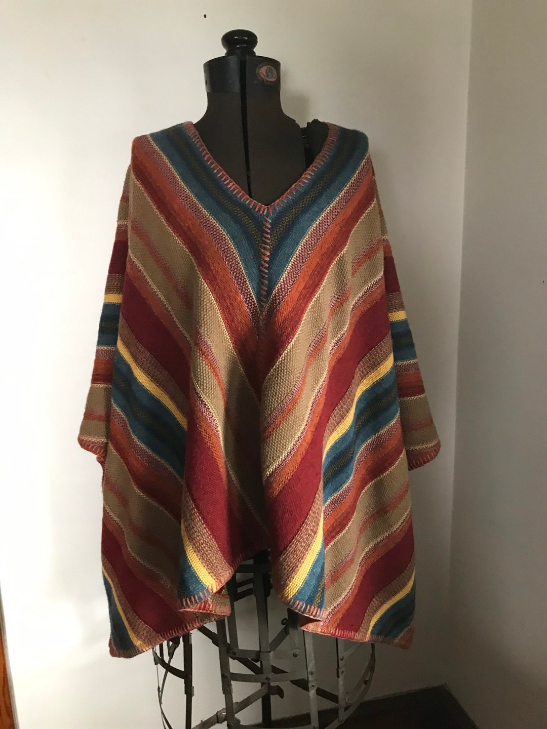 Vintage Ralph Lauren Hand Knit Poncho Shawl Sweater Blue Label Tribal ...