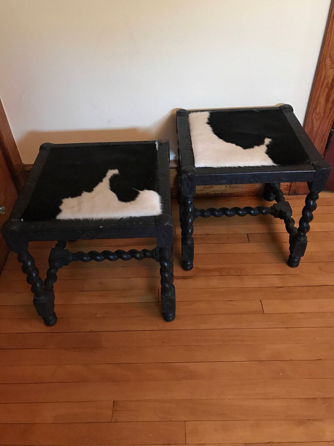 Antique French Stools Cowhide Stools Barley Twist Stools Wood French ...