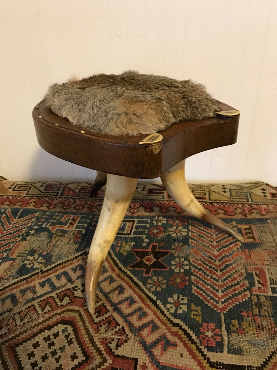 Antique Cow Horn Antler Stool Fur Foot Stool Horseshoe Equestrian ...