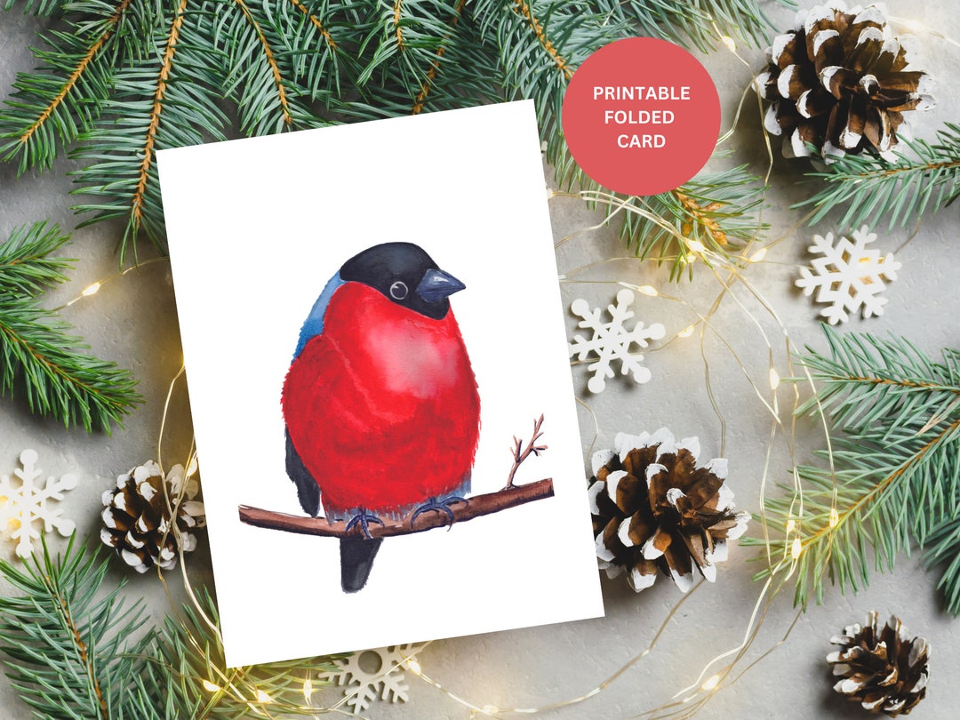 Watercolor Bird Folded Card, Printable Card, Bullfinch Watercolor Card, Christmas Printable Card ...