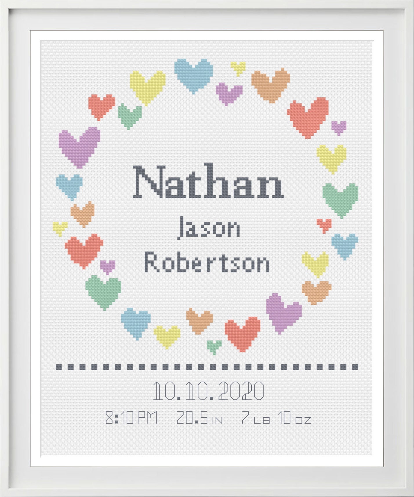 Cross Stitch Pattern Baby Birth Sampler, Birth Announcement, Hearts ...