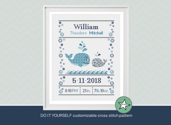 Cross Stitch Pattern Baby Birth Sampler Whales Birth - Etsy