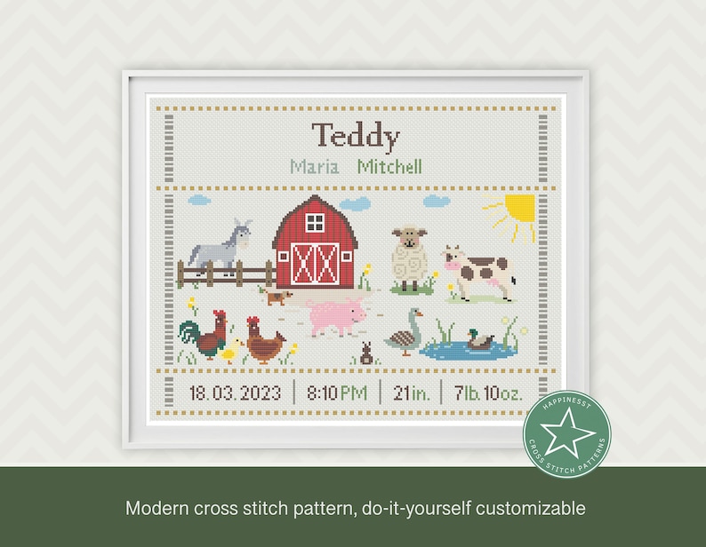 Cross Stitch Pattern Baby Birth Sampler Farm Animals, Barn Yard, Birth ...