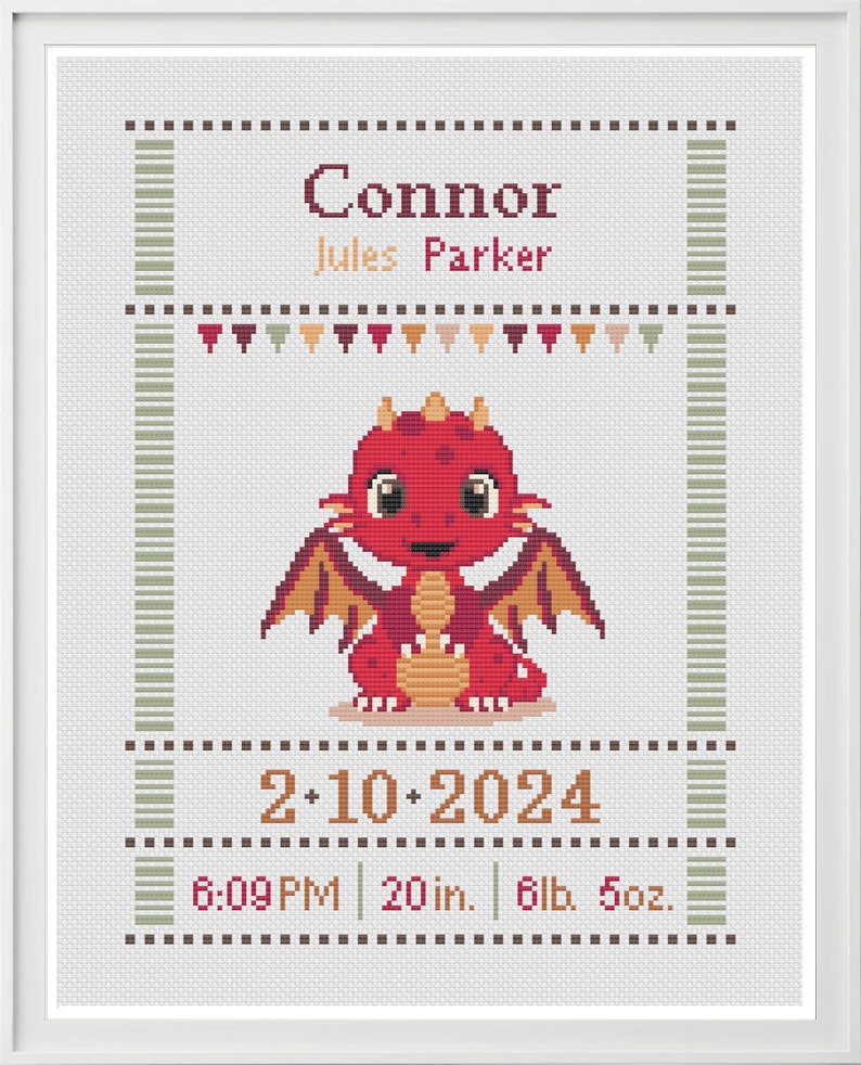 Cross Stitch Pattern Baby Birth Sampler Dragon, Birth Announcement, Red ...