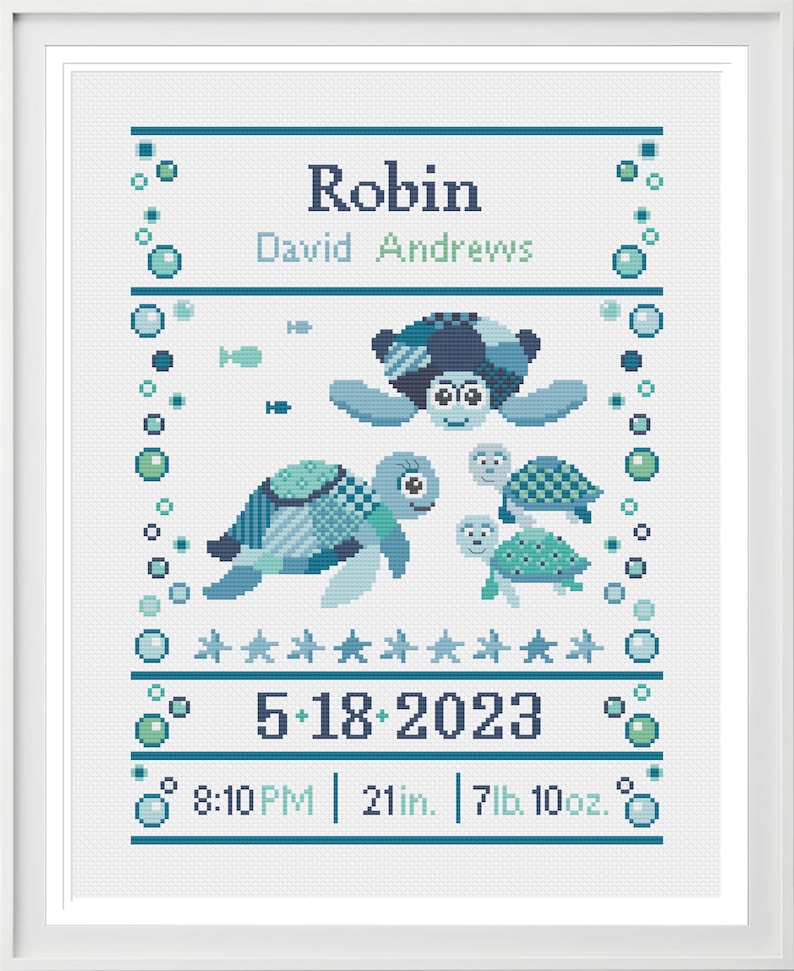 Sea Turtle Family Birth Announcement Cross Stitch Pattern (digital ...